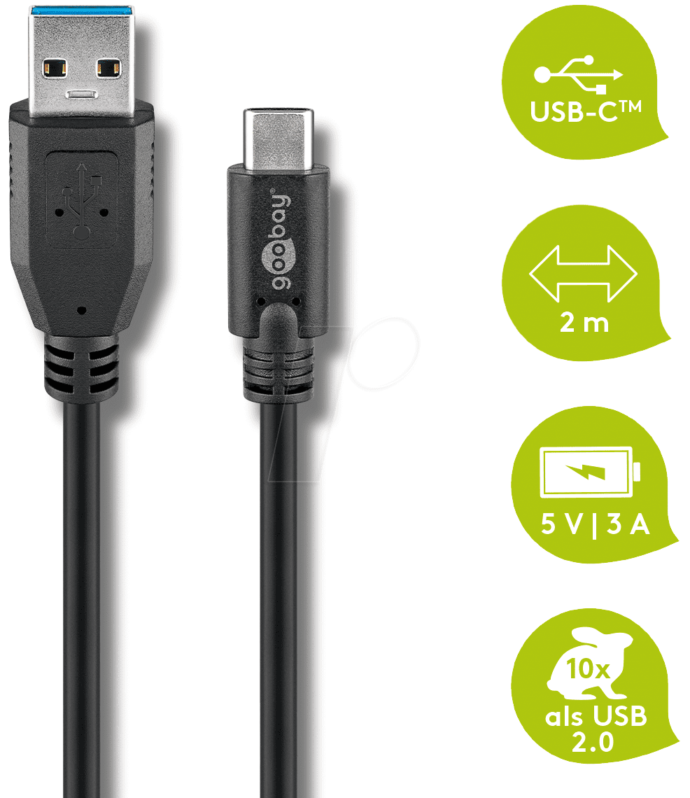 High-Quality USB 3.0 Cable, USB A Plug, USB C Plug, 2m, black for ...